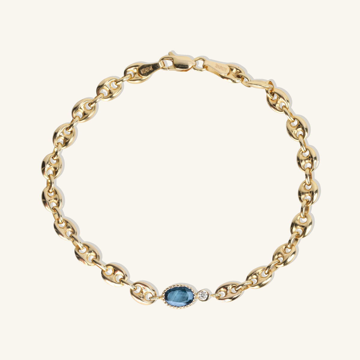 One of a Kind Puffed Mariner Station Bracelet with Oval Ceylon Blue Sa ...